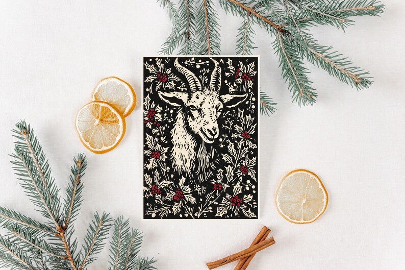 Yule Goat Holiday Card, Printable Pagan Christmas Greetings, Winter ...