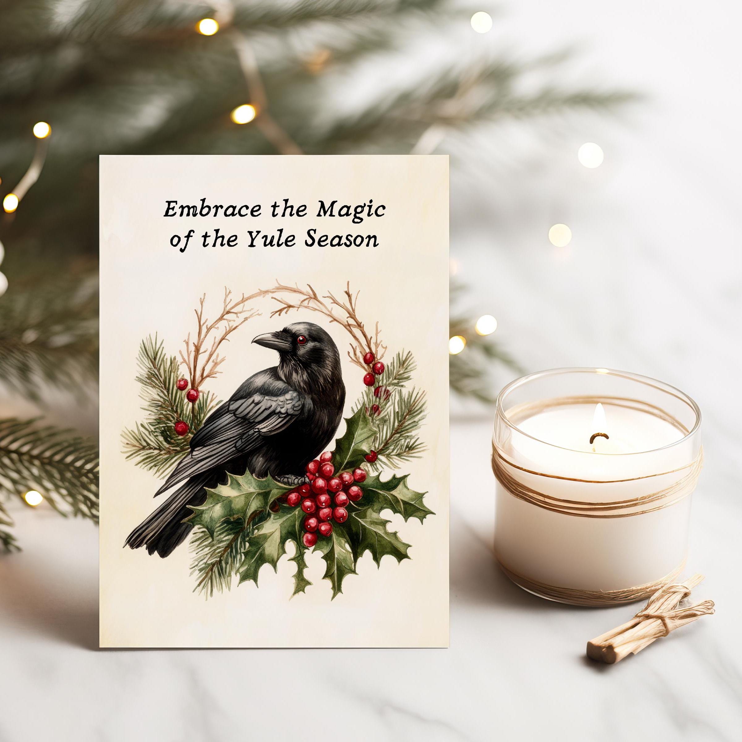 Printable Winter Solstice Card, Raven & Holly Festive Yule Postcard ...