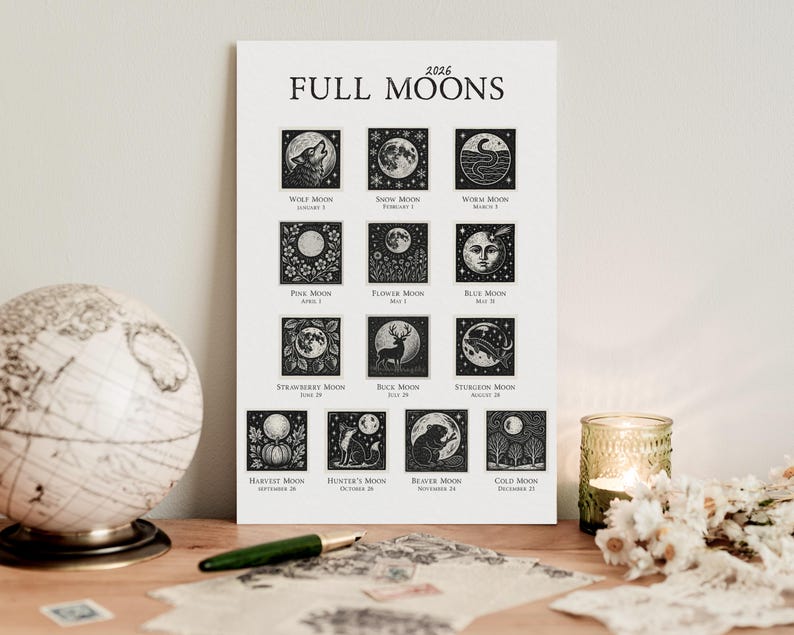 Full Moon Calendar 2026 Printable, Lunar Cycle for Northern Hemisphere ...