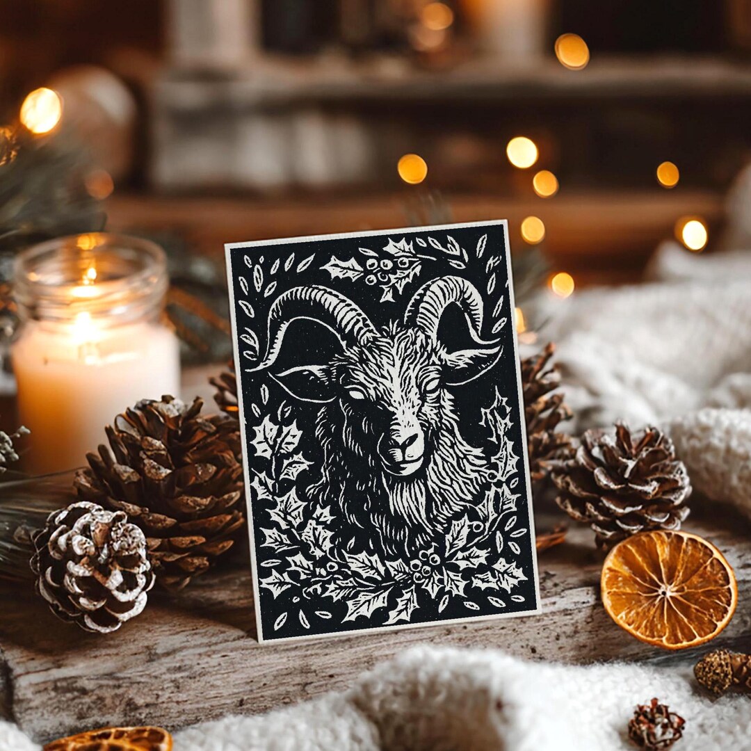 Yule Goat Holiday Card, Printable Pagan Christmas Greetings, Winter ...