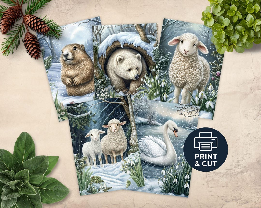 Winter Forest Animals Cards, Printable Imbolc Lamb Greeting Card, Snowy ...