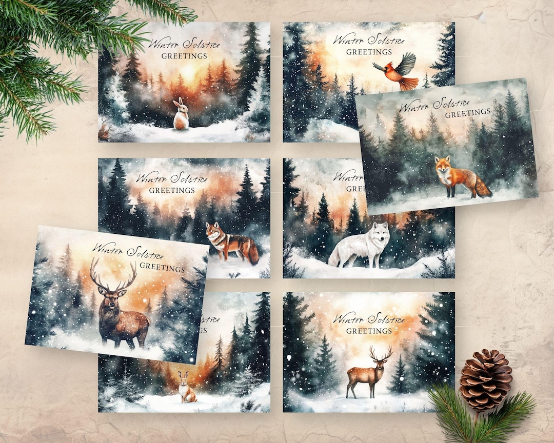 Winter Solstice Card Set, Printable Forest Animals Yule Card Pack ...