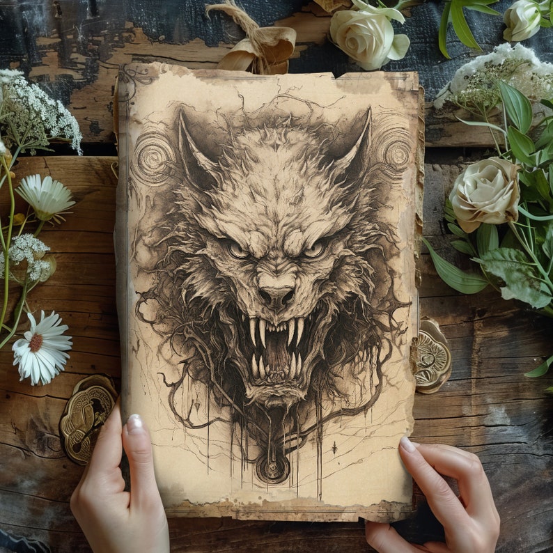 Werewolf Junk Journal Pages, Wolf Monster Printable Grimoire Paper ...