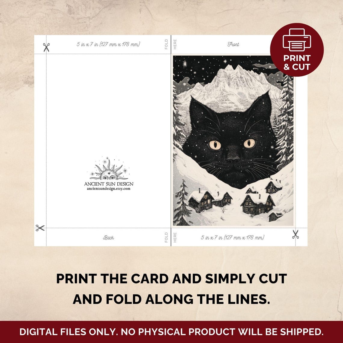 Yule Cat Christmas Card, Printable Winter Solstice Pagan Postcard ...