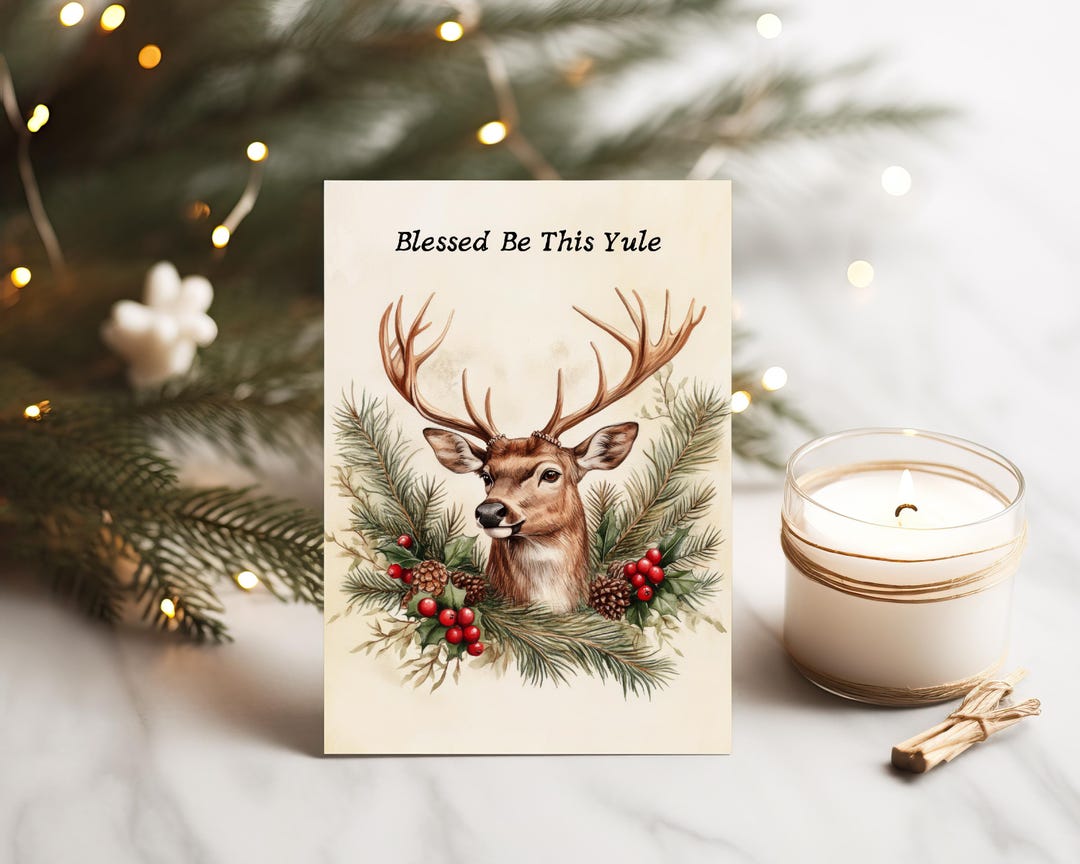 Winter Solstice Deer Card, Printable Forest Animal Yule Postcard, Pagan ...