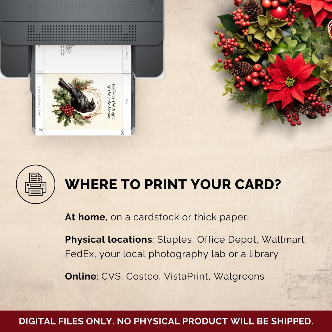 Printable Winter Solstice Card, Raven & Holly Festive Yule Postcard ...