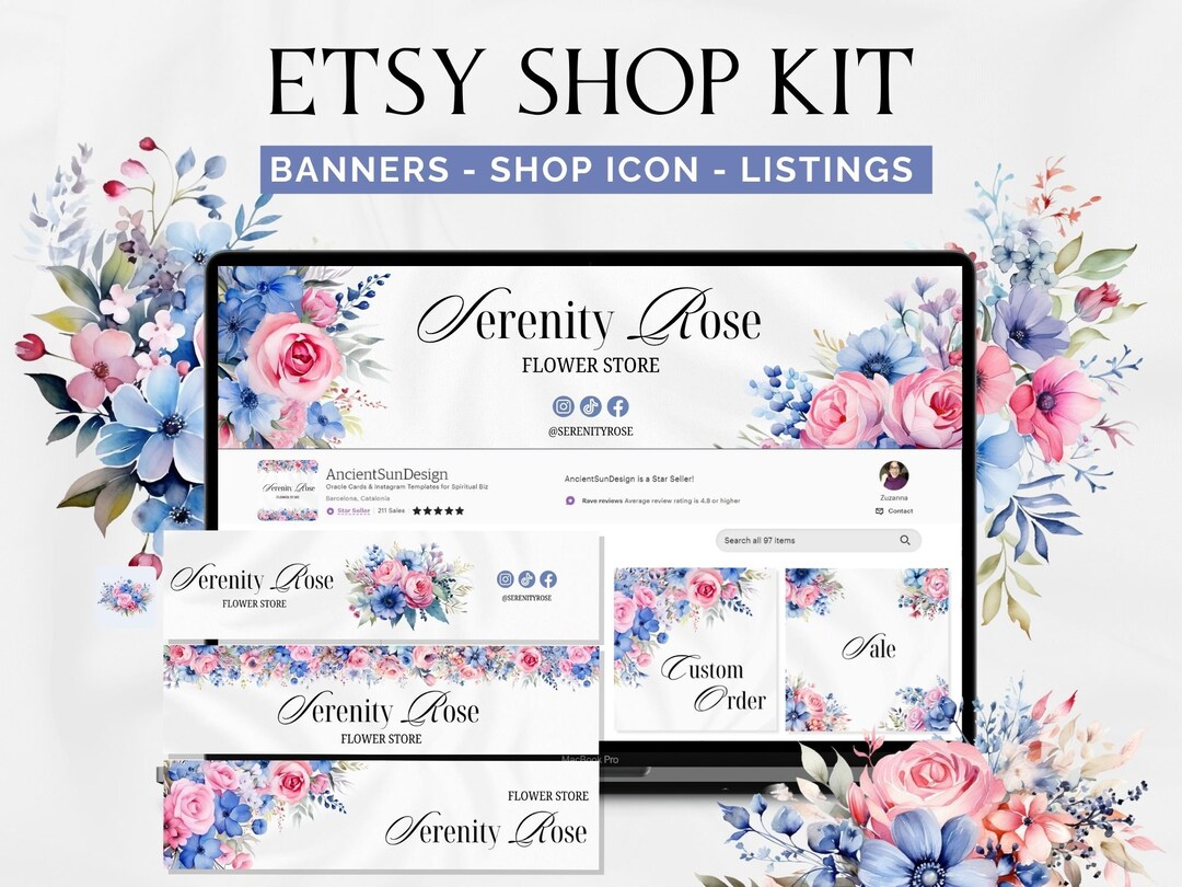 Etsy Receipt Banner Pink & Blue, Etsy Shop Branding Kit Floral, Wedding ...