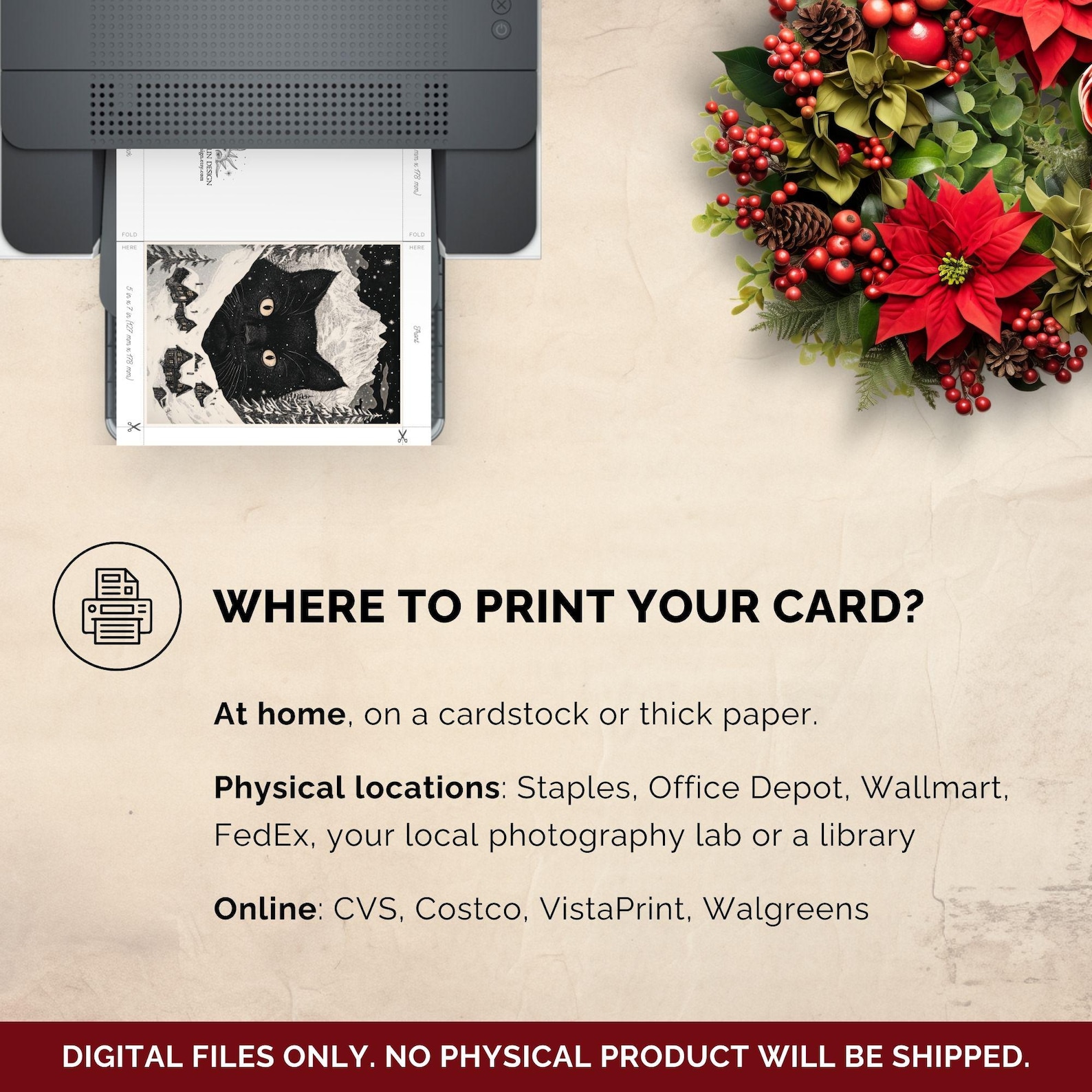 Yule Cat Christmas Card, Printable Winter Solstice Pagan Postcard ...