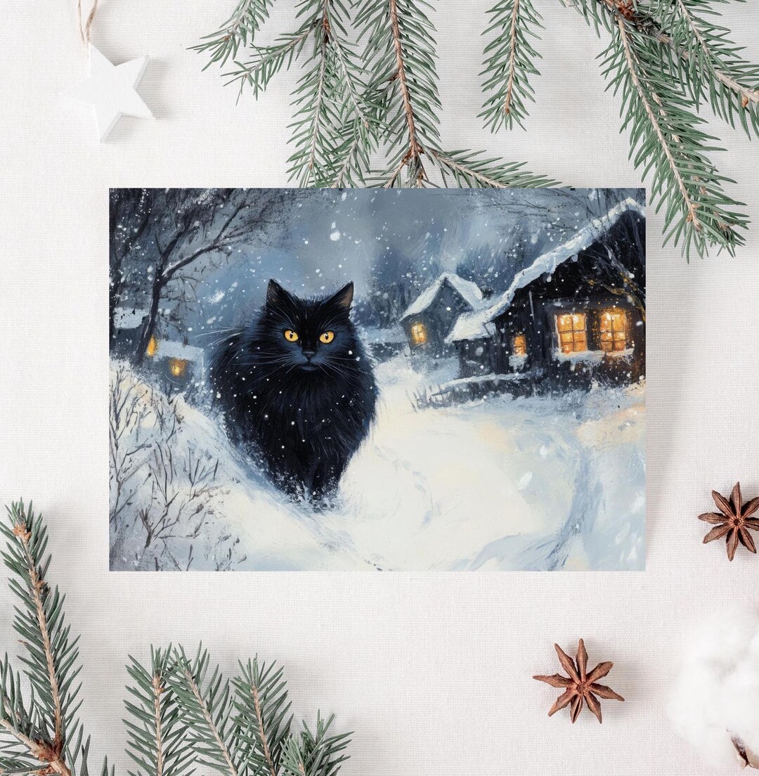 Yule Cat Greeting Card, Printable Winter Solstice Christmas Postcard ...