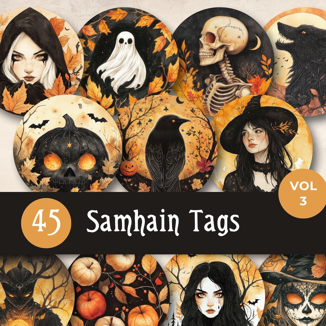 Samhain Round Tags, Printable Pagan Halloween Party Labels, Traditional ...