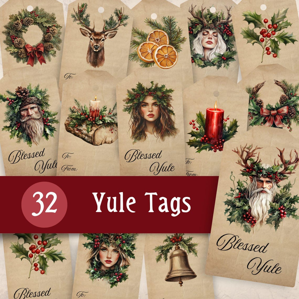 Yule Gift Tags, Printable Pagan Christmas Labels, Festive Yuletide Note ...