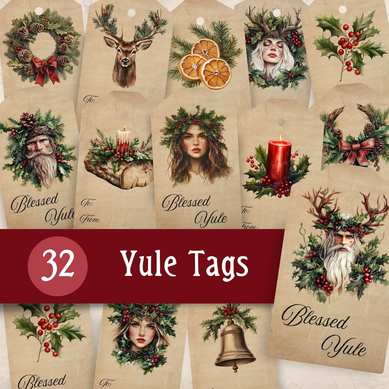 Yule Gift Tags, Printable Pagan Christmas Labels, Festive Yuletide Note ...
