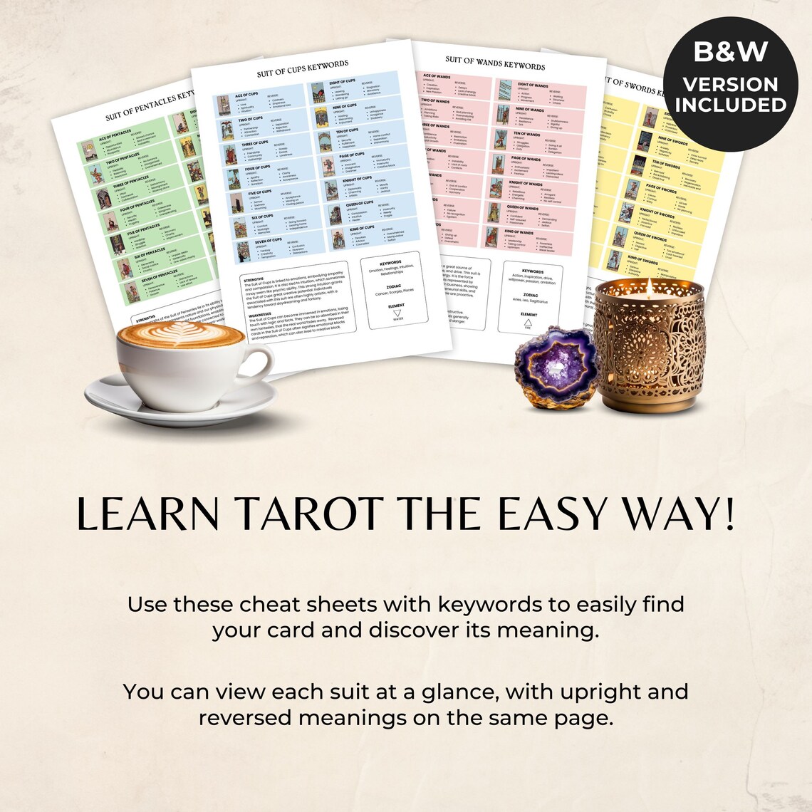 Tarot Keywords Cheat Sheet for Beginners, Printable Tarot Card Guide ...