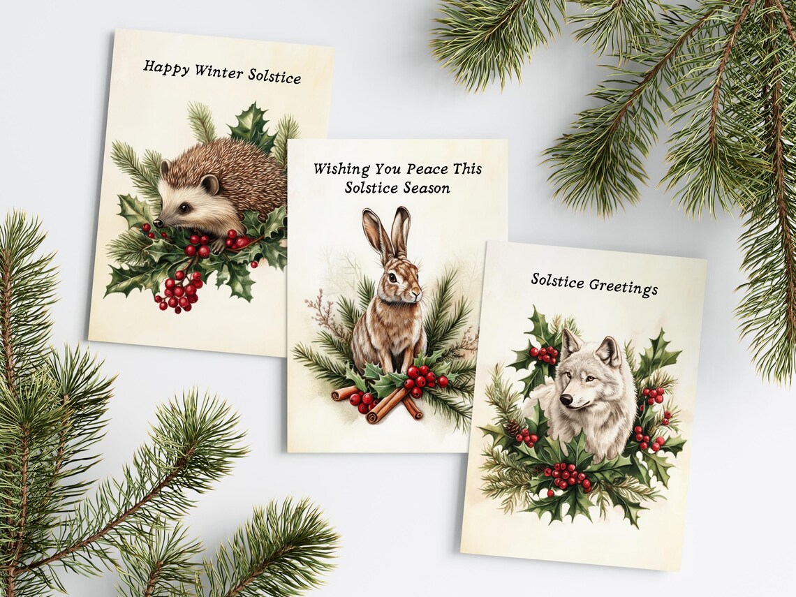 Winter Solstice Card Set, Printable Forest Animal Yule Card Pack, Pagan ...