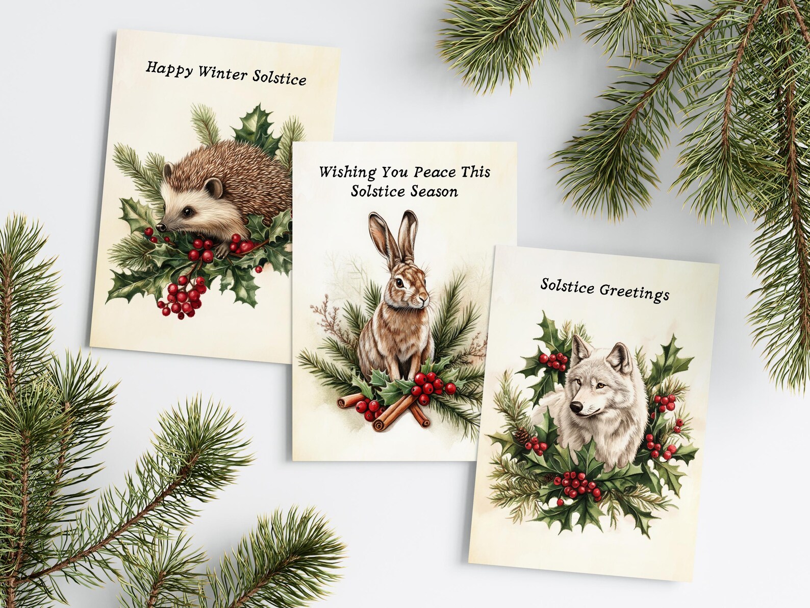 Winter Solstice Card Set, Printable Forest Animal Yule Card Pack, Pagan ...