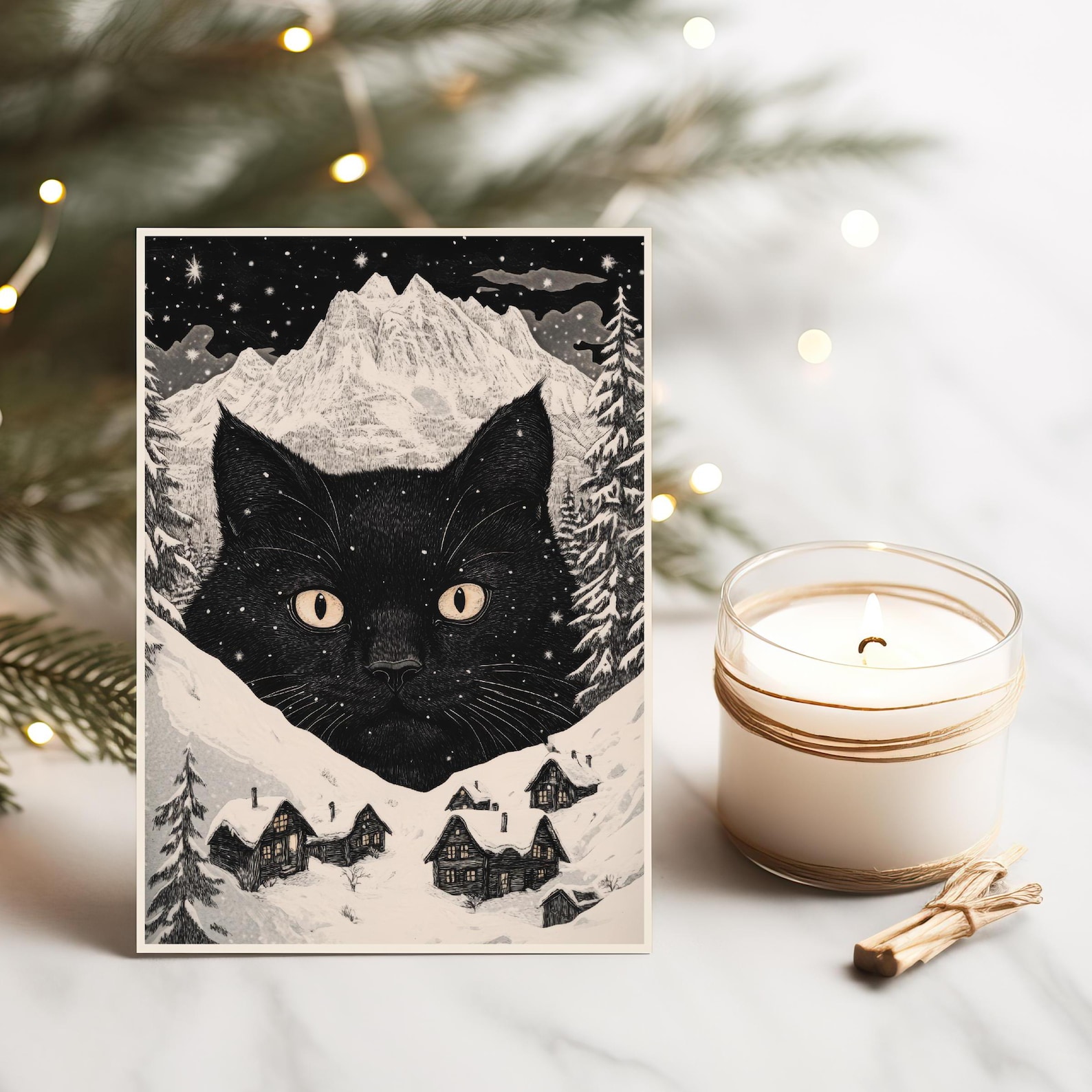 Yule Cat Christmas Card, Printable Winter Solstice Pagan Postcard ...