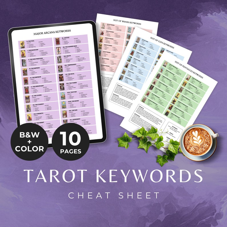 Tarot Keywords Cheat Sheet for Beginners, Printable Tarot Card Guide ...