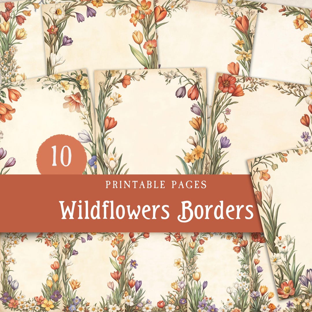 Wildflowers Junk Journal Borders, Spring Garden Flowers Grimoire Pages ...