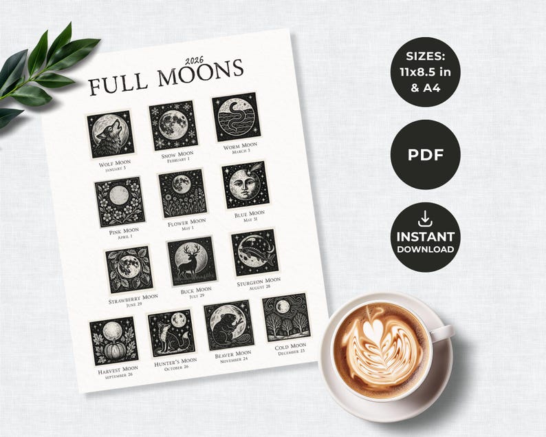 Full Moon Calendar 2026 Printable, Lunar Cycle for Northern Hemisphere ...