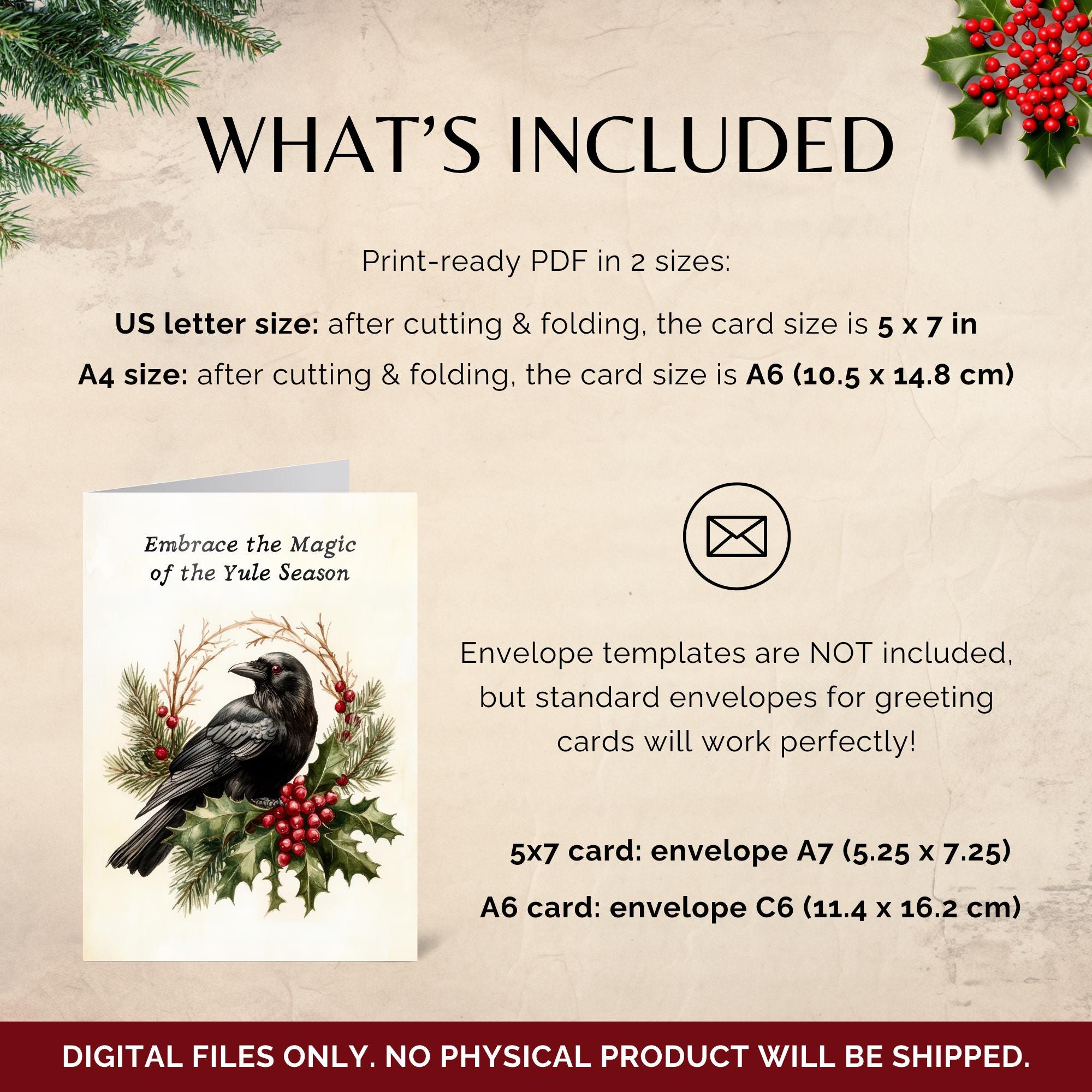 Printable Winter Solstice Card, Raven & Holly Festive Yule Postcard ...