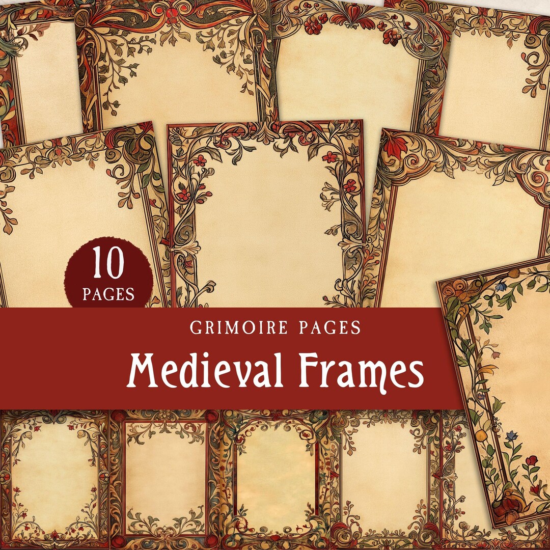 Medieval Frames Junk Journal, Ornate Floral Pattern Grimoire Pages ...