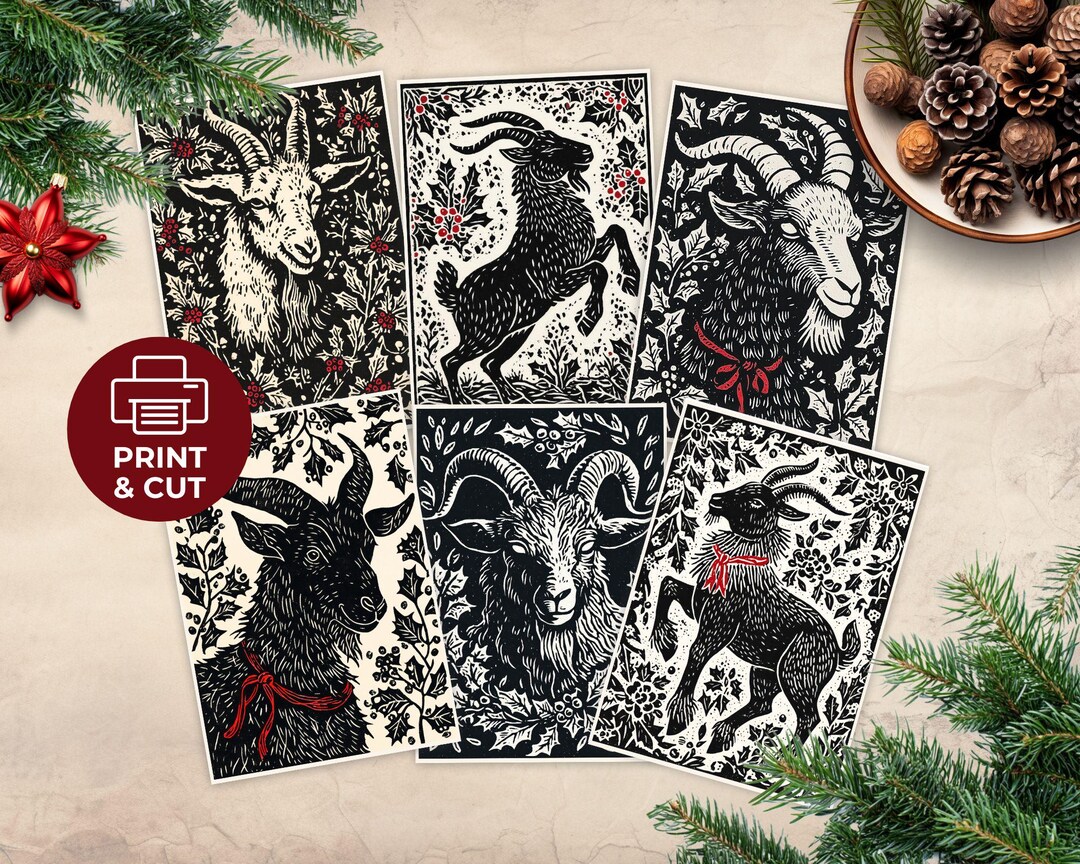 Yule Goat Holiday Cards Set, Printable Pagan Christmas Greetings ...