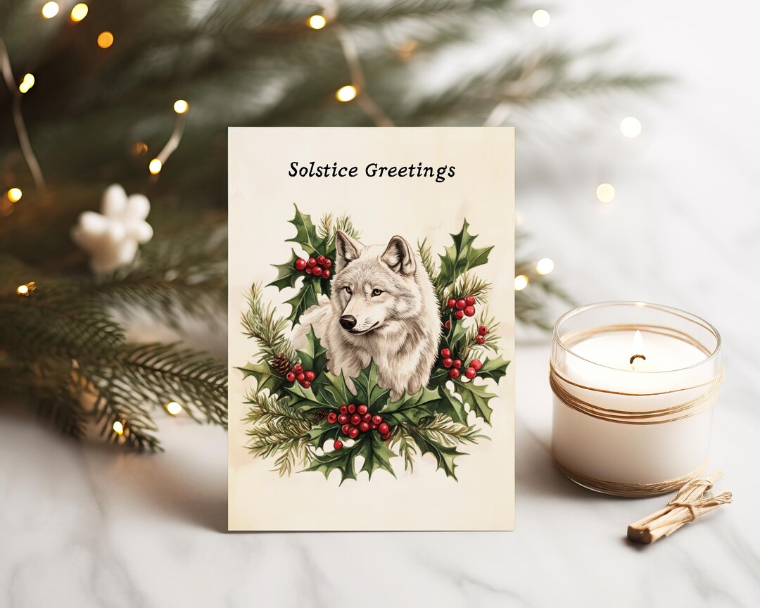 Arctic Wolf Winter Solstice Card, Printable Forest Animal Yule Postcard ...