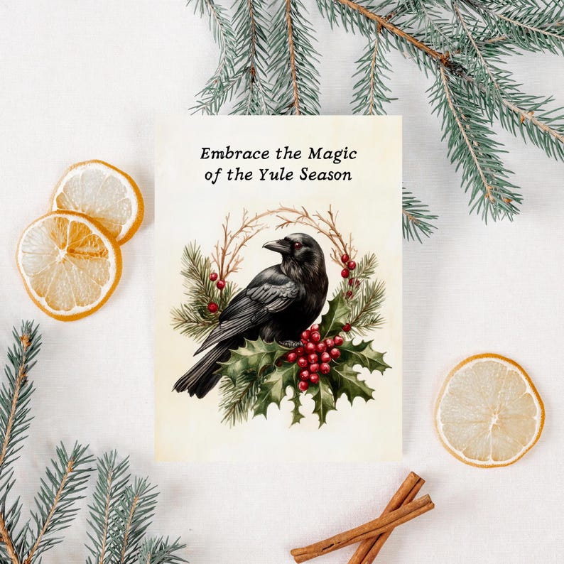 Printable Winter Solstice Card, Raven & Holly Festive Yule Postcard ...