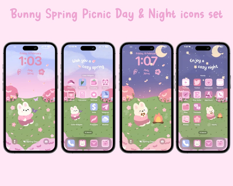 Bunny Spring Picnic Icon Set: Kawaii Ios & Android Theme (digital ...