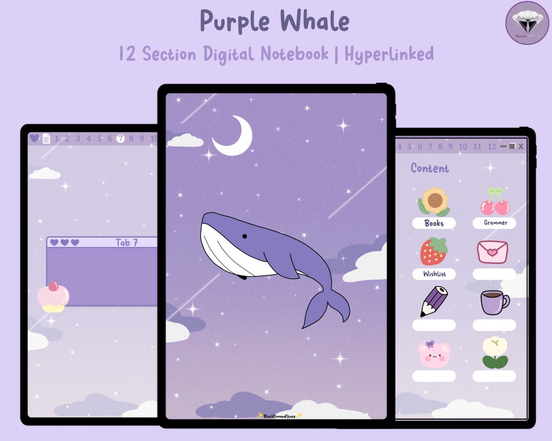 Purple Whale Digital Notebook, Hyperlinked, Goodnotes Template, Android ...
