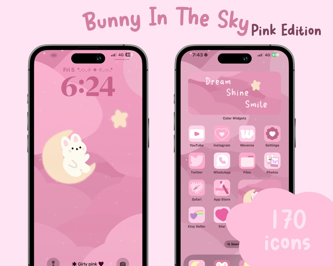 Pink Bunny in the Sky Icon Set, Hand Drawn Icons, Ios and Android Set ...