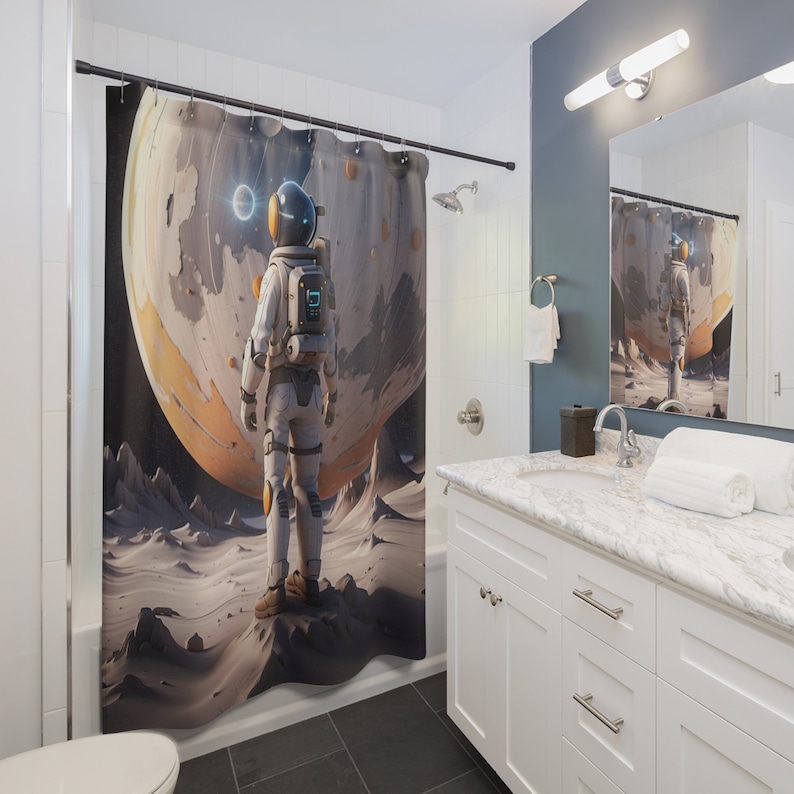 Astronaut Shower Curtain: Alien Landscape, Space Bathroom Decor - Etsy