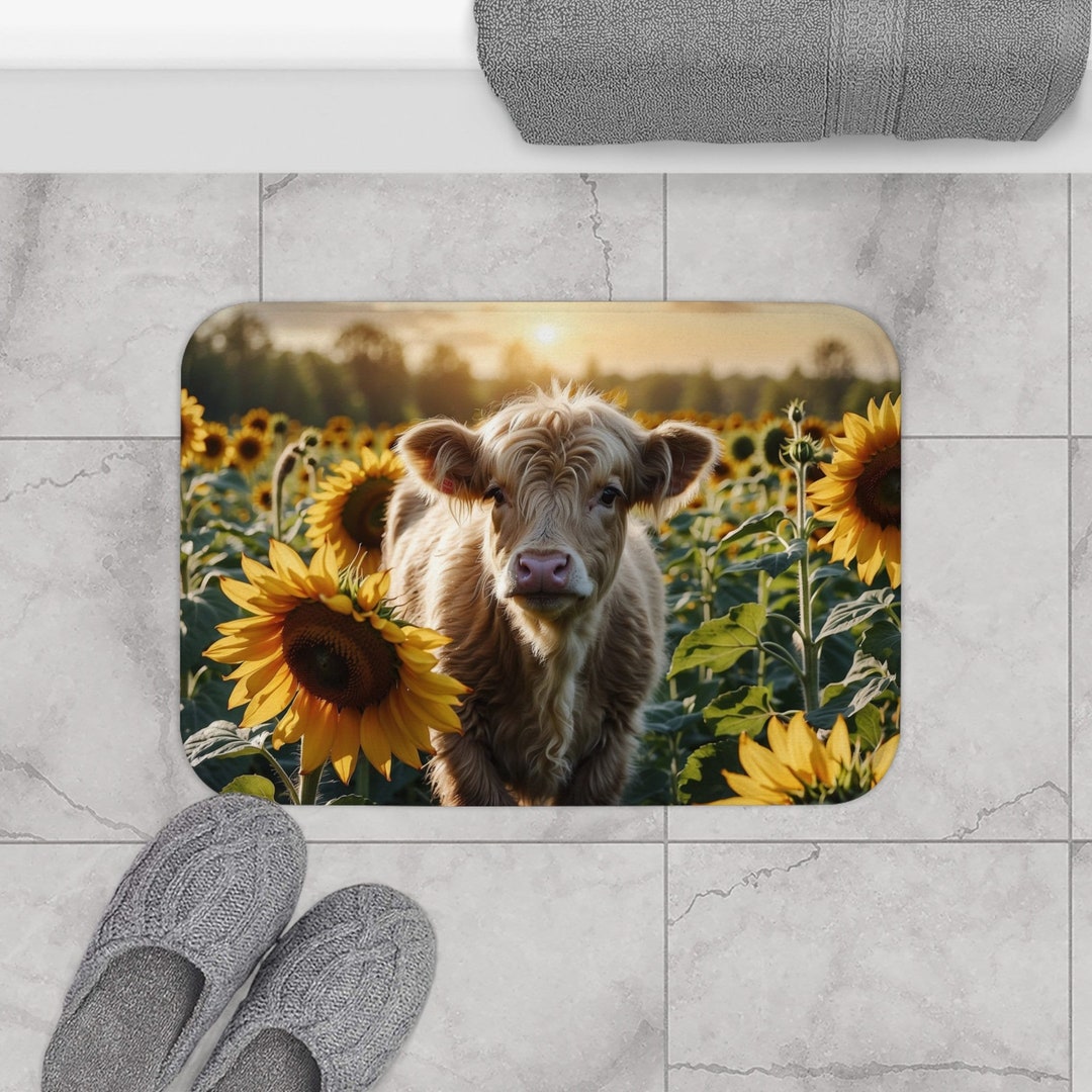 Highland Cow Bath Mat for Cow Lovers Sunflower Field at Sunrise ...