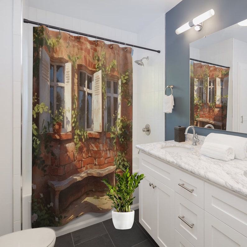 Brick Terrace Wall Shower Curtain, Windows With White Shutters Bathroom ...