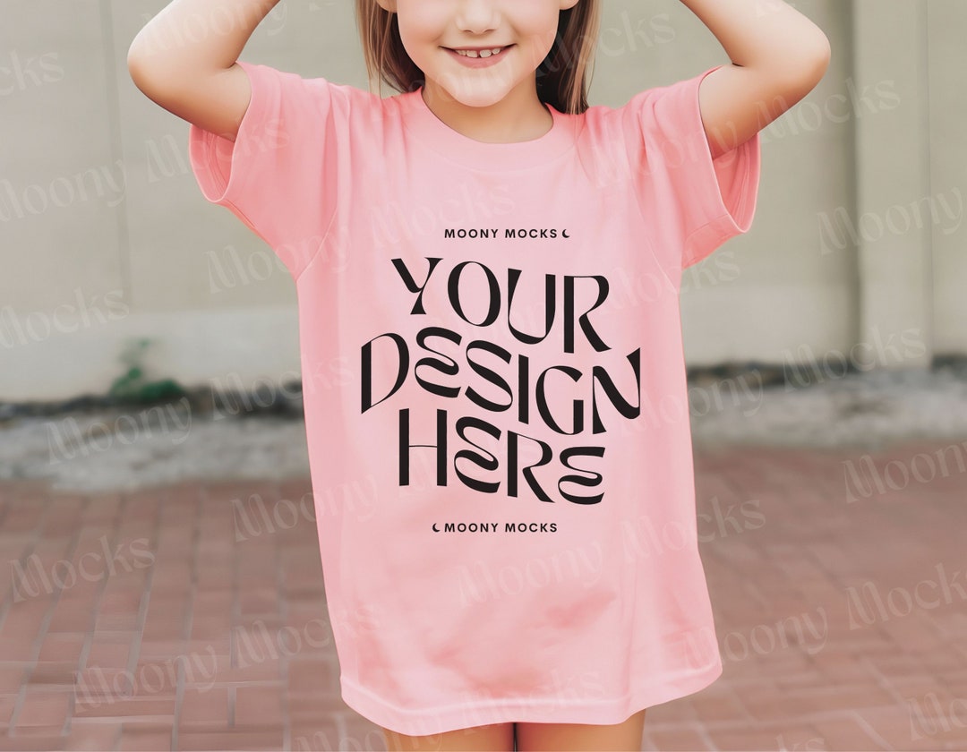 Gildan 5000B Youth Pink Tshirt Mockup Kids Pink Shirt Model Mock-up ...