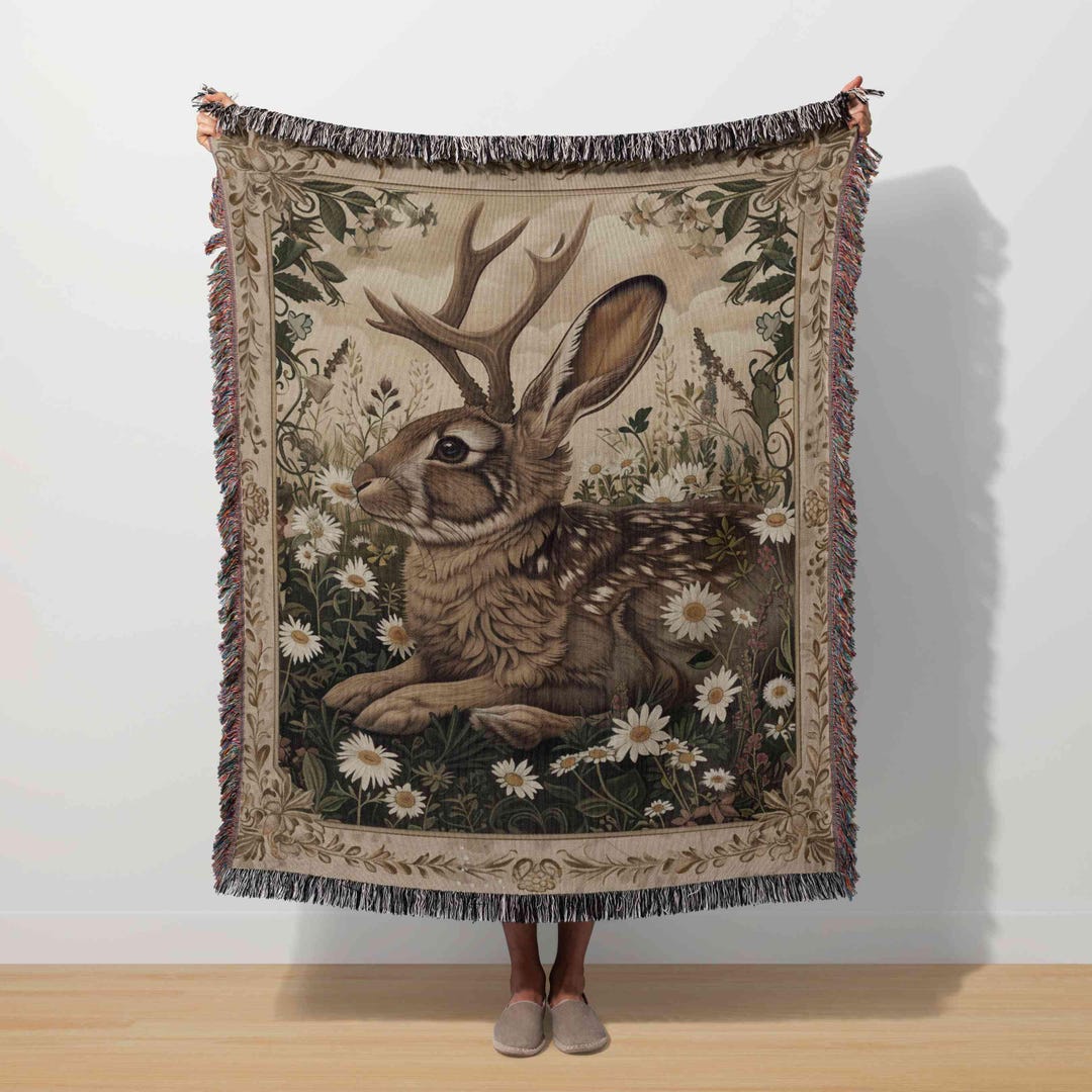 Jackalope Blanket, Rabbit Woven Tapestry, Cottagecore Cryptid, Mythical ...