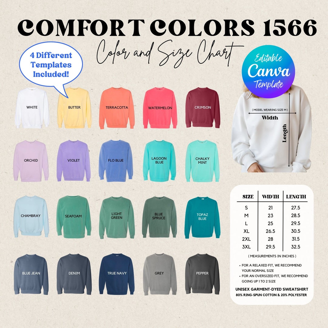 Editable Comfort Colors 1566 Color and Size Chart Sweatshirt Editable ...