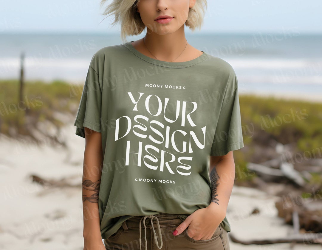 Comfort Colors C1717 Sage Tshirt Mockup Female Model Beach Sage Shirt ...