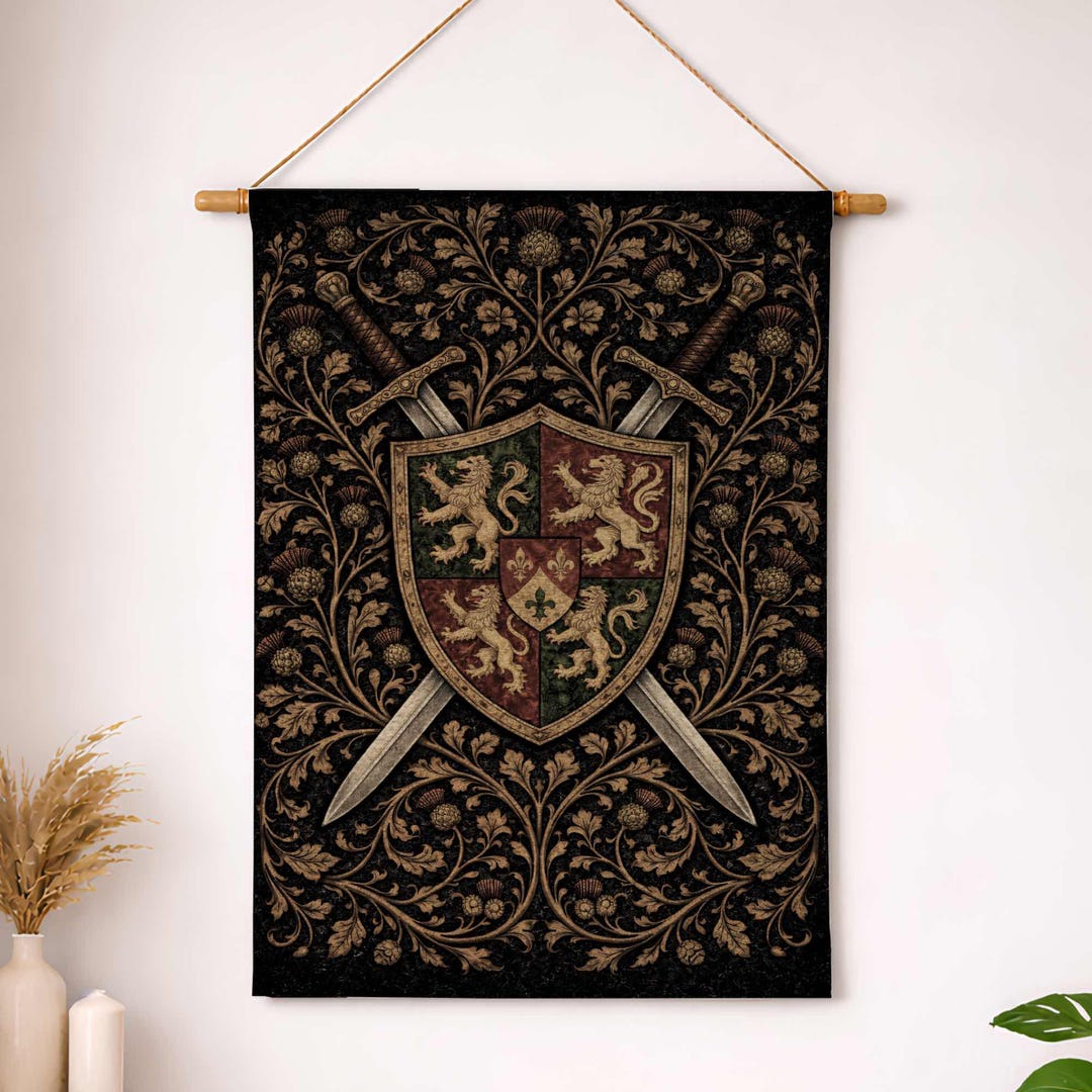 Medieval Sword Tapestry, Coat of Arm Woven Art, Royal Shield Wall Decor ...