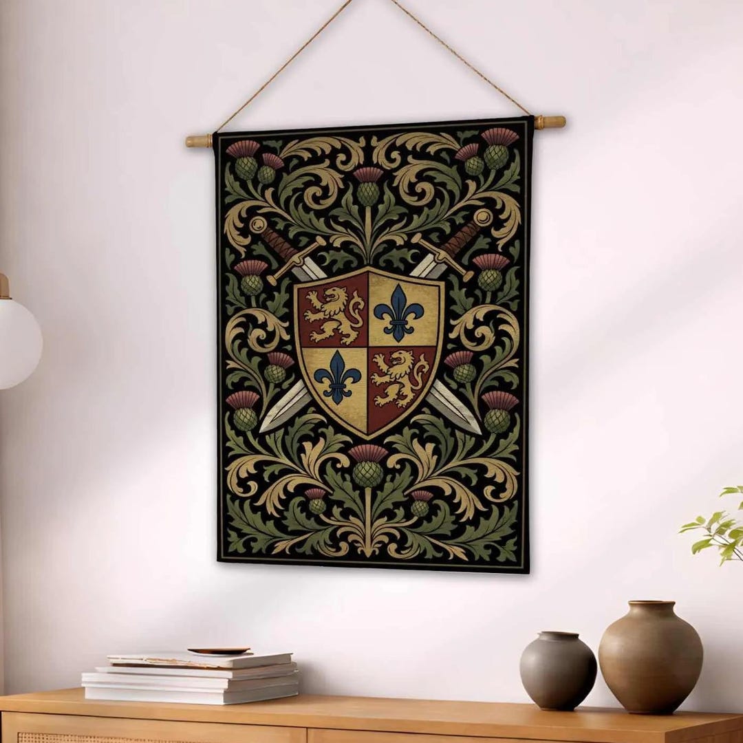 Medieval Crest Sword Tapestry, Coat of Arm Woven Wall Art, Heraldic ...