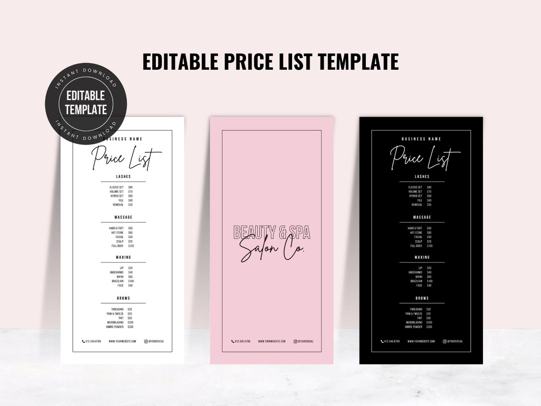 Editable Price List Template Custom Spa Service Pricing Menu - Etsy Israel