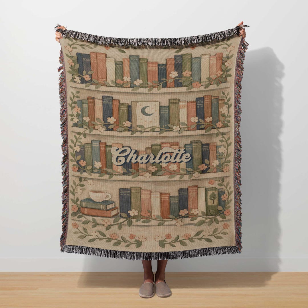 Personalized Bookish Blanket, Custom Bookshelf Woven Tapestry, Reader ...