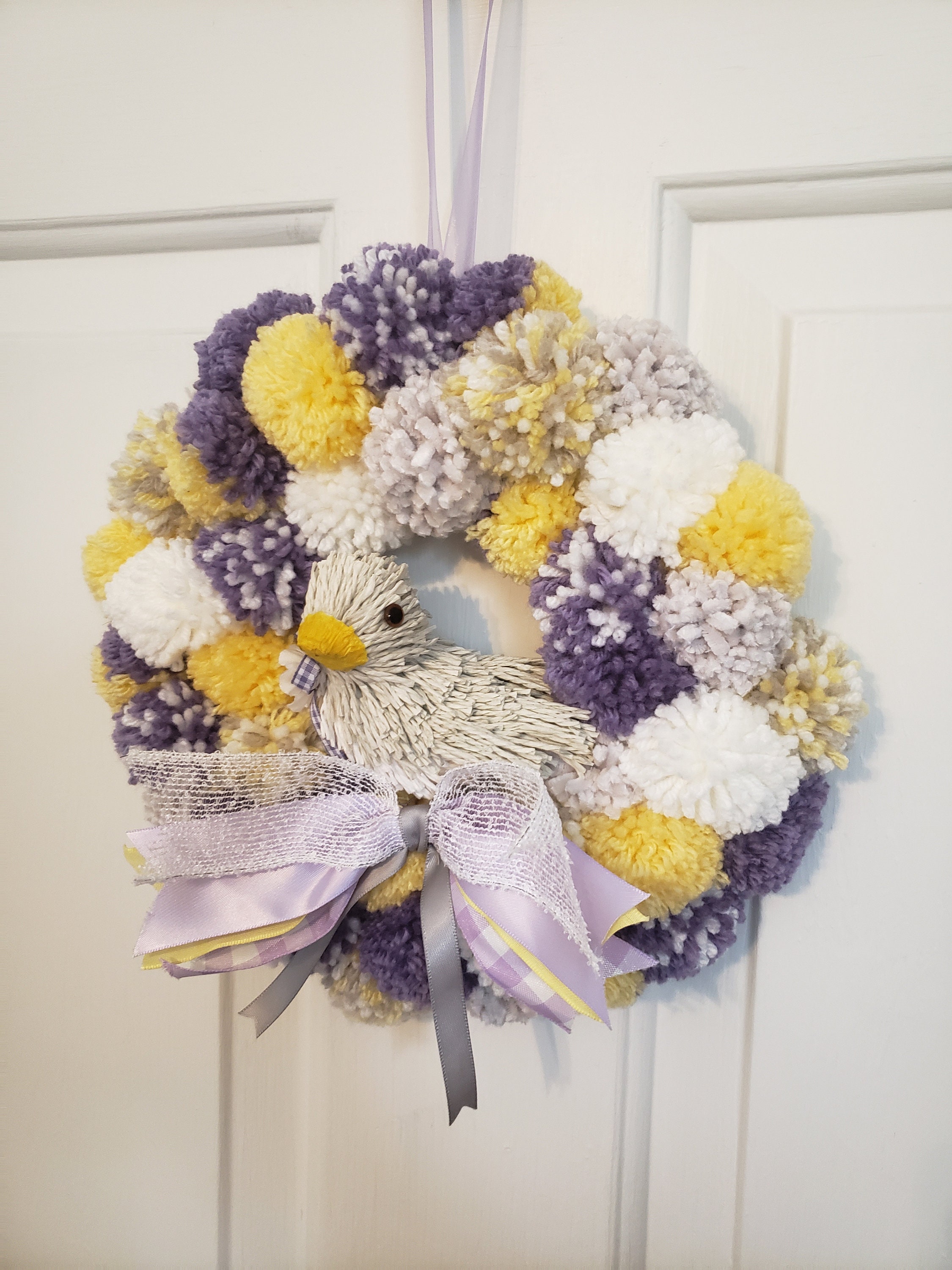 Spring Bird Wreath, Wall Hanging, Pompom Wreath, Bird Lovers, Bird ...