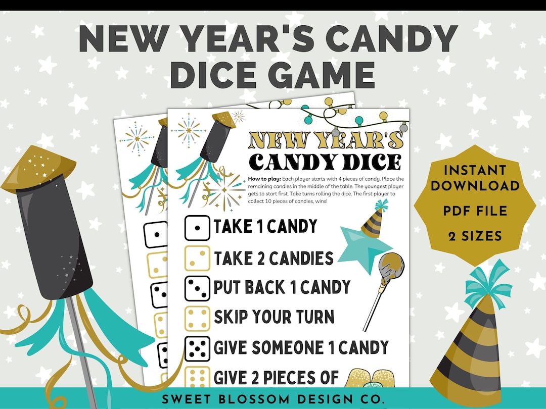 New Year's Candy Dice Game, Printable Games for Kids, New Year's Eve ...