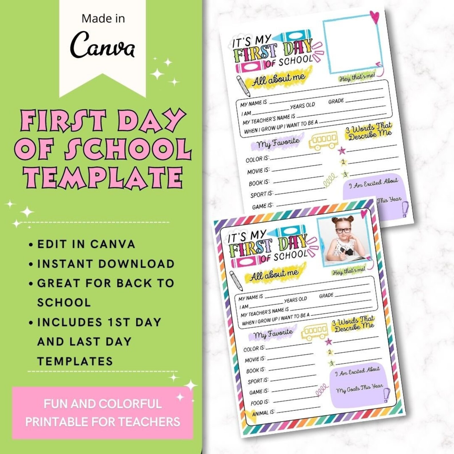 EDITABLE First Day of School All About Me Questionnaire, Last Day of ...