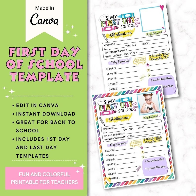 EDITABLE First Day of School All About Me Questionnaire, Last Day of ...