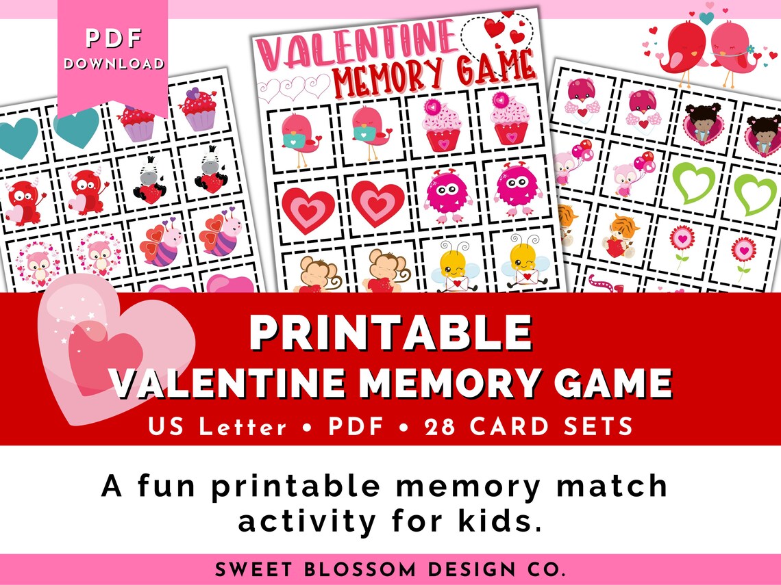Valentine Memory Game, Printable Valentine Matching Game, Kids Memory ...