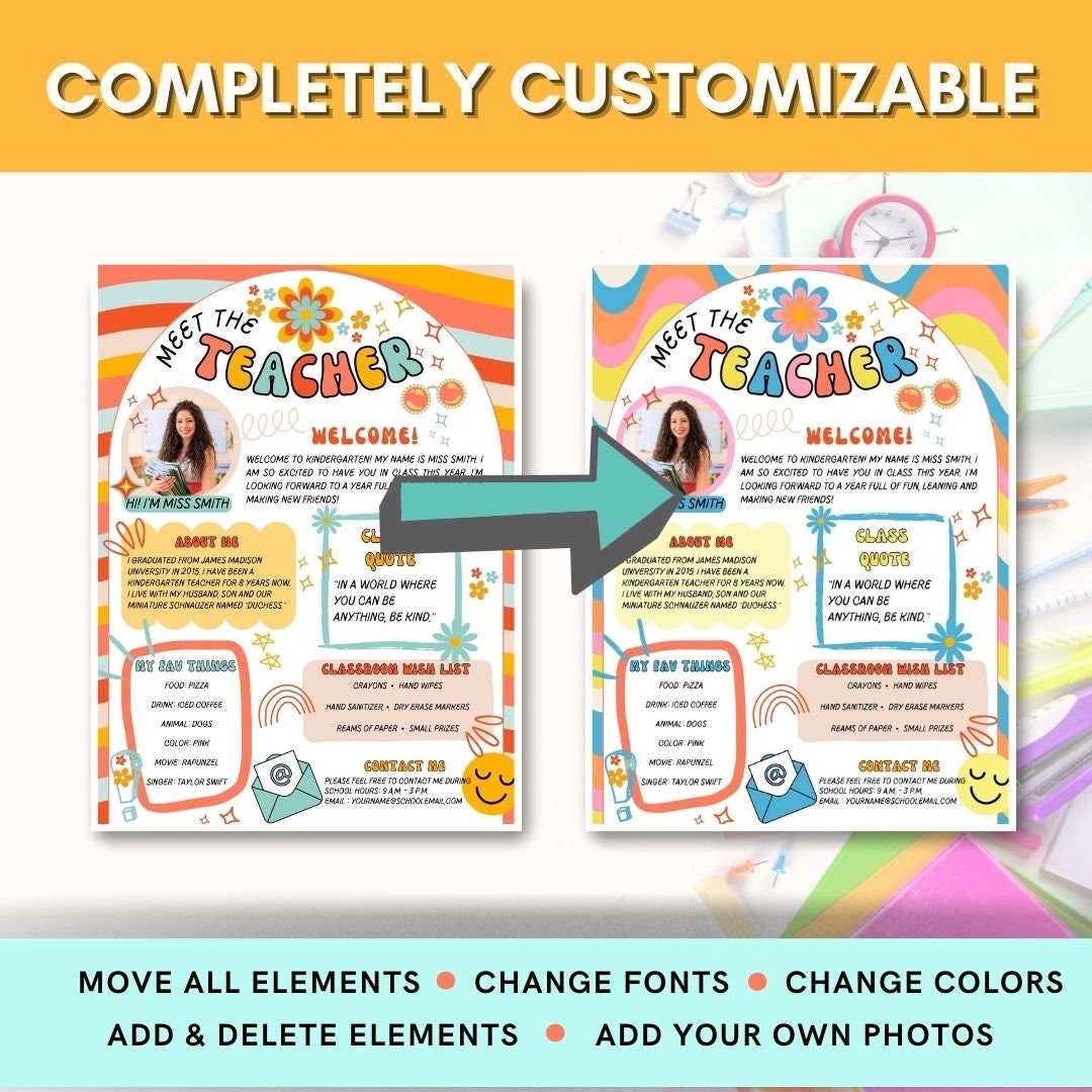 Meet the Teacher Template Groovy, Meet the Teacher Boho Rainbow Canva ...
