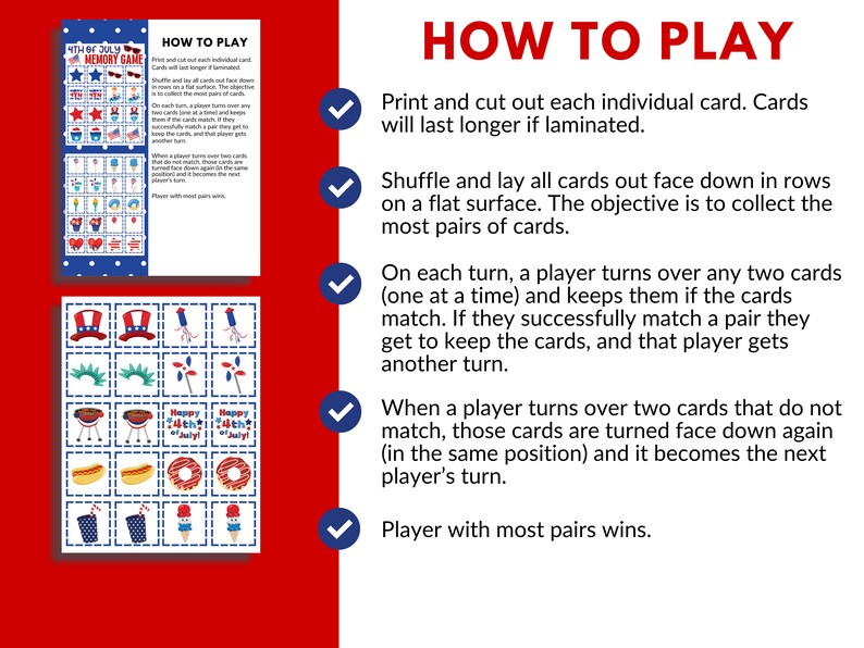 4th of July Memory Game, Printable July 4th Matching Game, Kids Memory ...