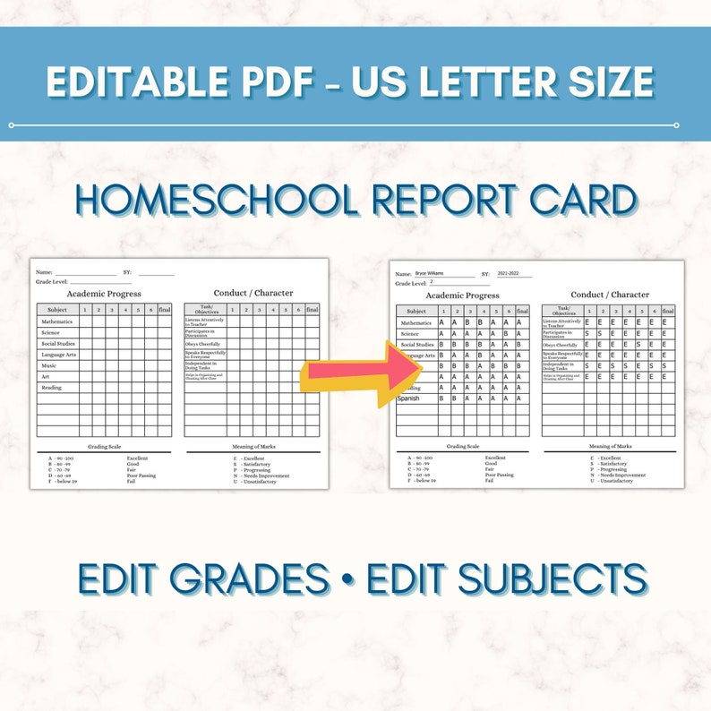Editable Homeschool Report Card, Homeschool Progress Report, Report ...
